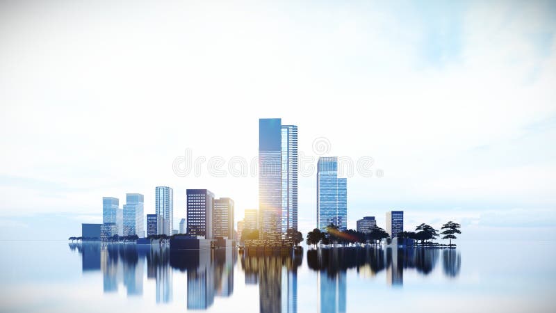 Downtown Area at Sunrise,Reflection Ground with Blue Sky Color. Stock ...