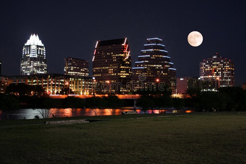 Downtown Austin, Texas at Night with Moon Stock Image - Image of ...