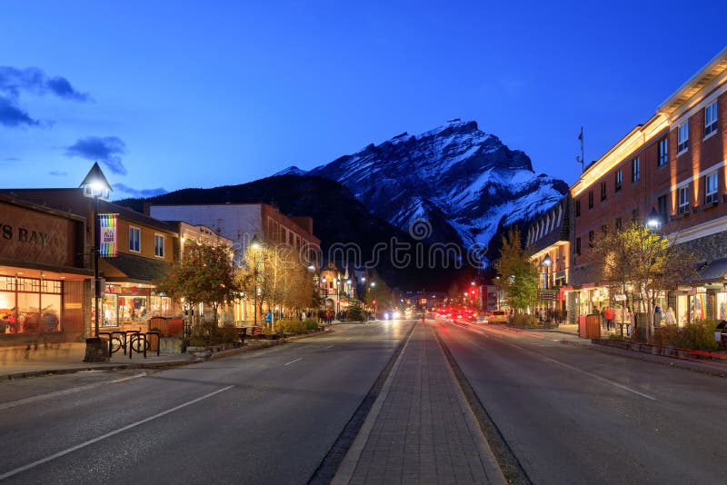 Downtown Banff with Cascade Mountain at Night, Banff National Park ...