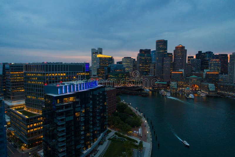 Downtown Boston at night stock image. Image of waterfront - 97060929