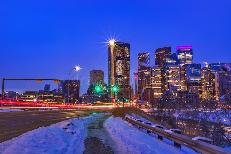 Downtown Calgary Illuminated at Night Stock Photo - Image of treelined ...