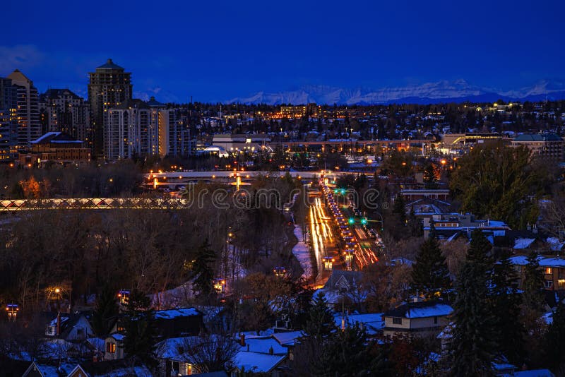 Downtown Calgary Illuminated at Night Stock Photo - Image of snowy ...