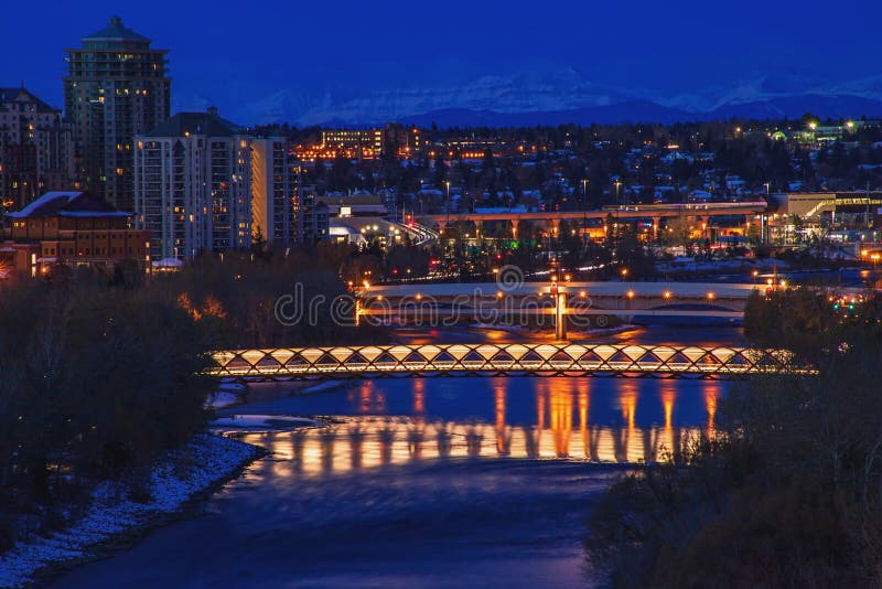 Downtown Calgary Illuminated at Night Stock Image - Image of river ...