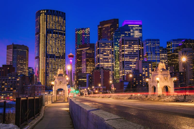Downtown Calgary Light Trails Glowing at Night Stock Photo - Image of ...