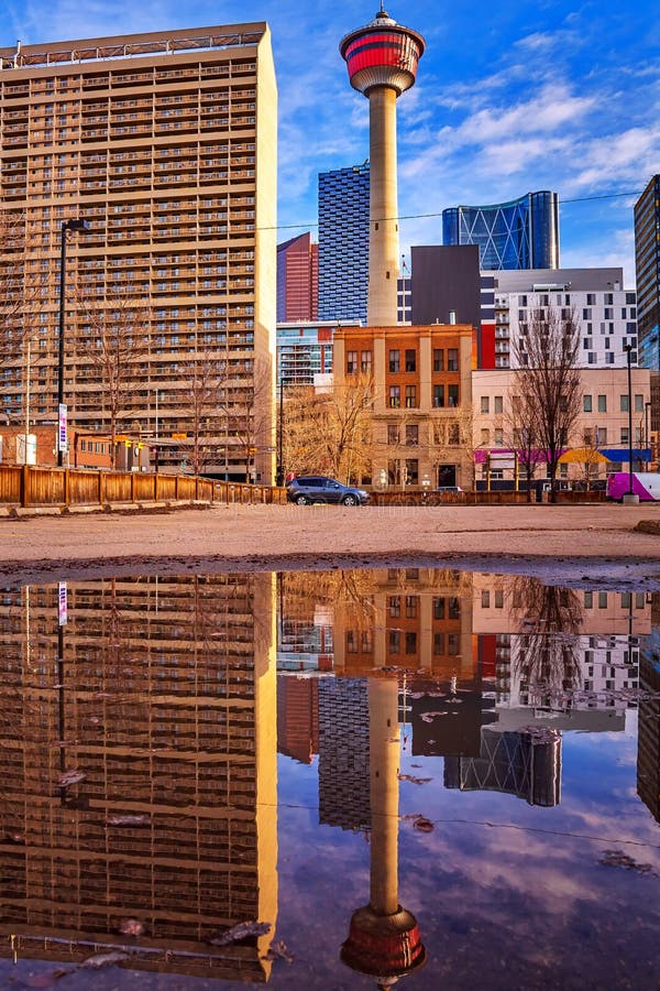 Downtown Calgary Reflecting in a Puddle Stock Image - Image of city ...