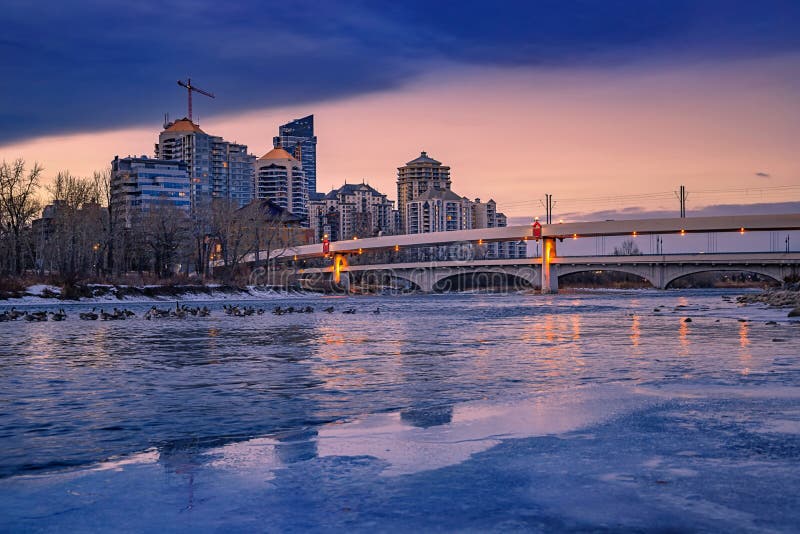 Downtown Calgary River Valley at Sunrise Stock Photo - Image of ...