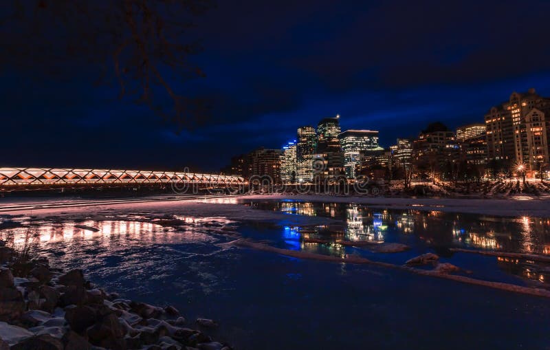Downtown Calgary Skyline Glowing at Night Editorial Stock Photo - Image ...