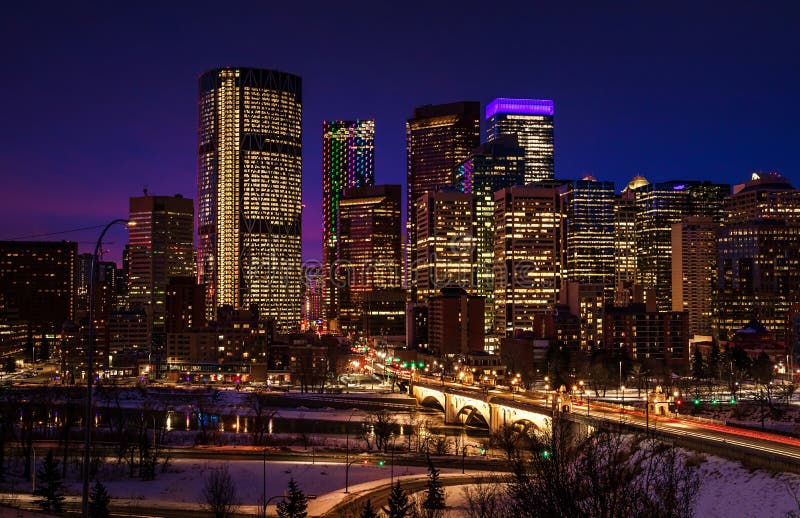 Downtown Calgary Skyline Glowing at Night Stock Image - Image of ...