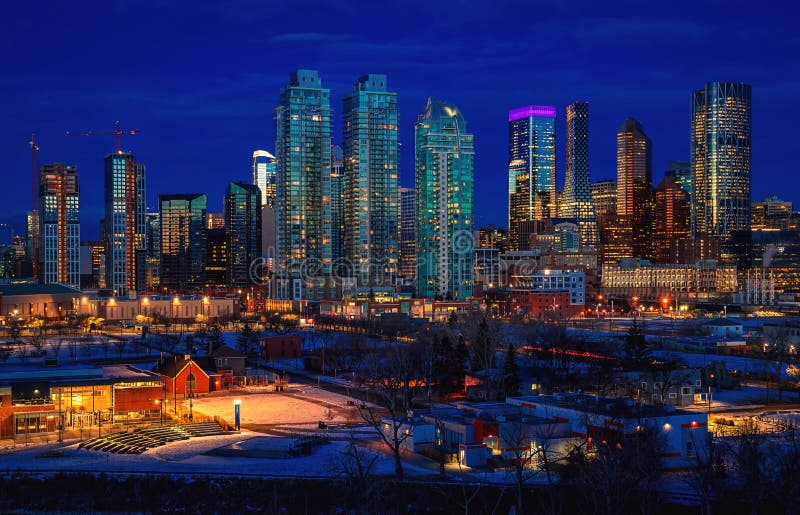 Downtown Calgary Skyline Illuminated at Night Editorial Photography ...