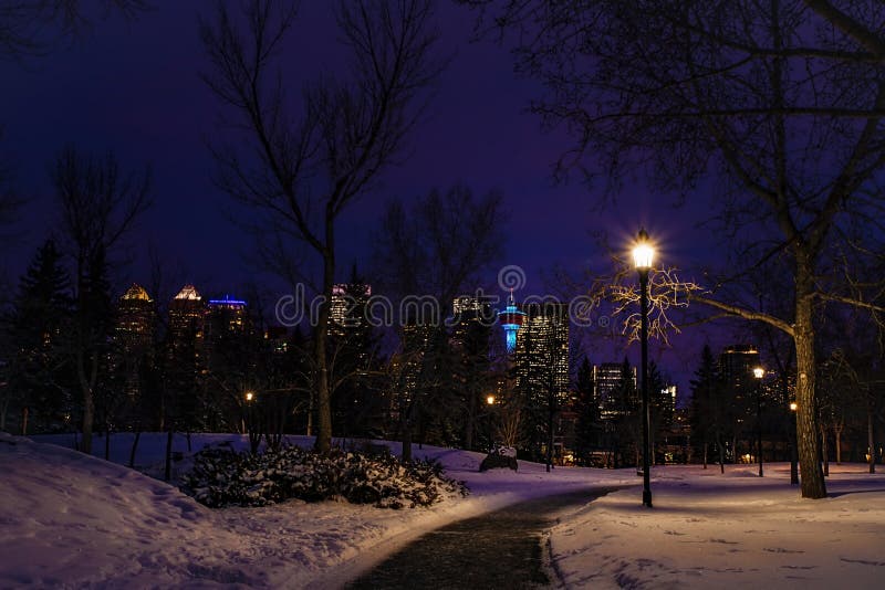 Downtown Calgary View from a Winter Park at Night Stock Image - Image ...