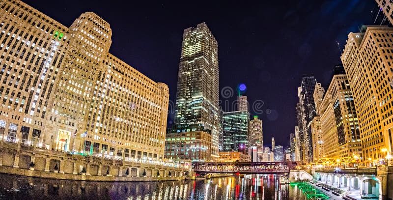 Downtown Chicago Illinois City Skyline at Night Editorial Stock Photo ...