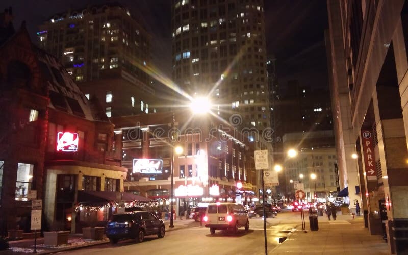Downtown Chicago at night editorial stock photo. Image of downtown ...