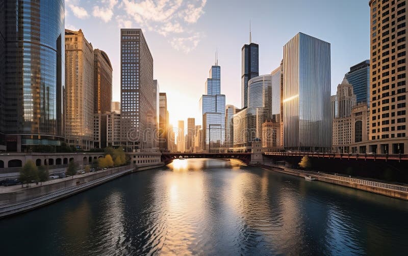 Downtown Chicago and the Chicago River. Generative AI Stock ...