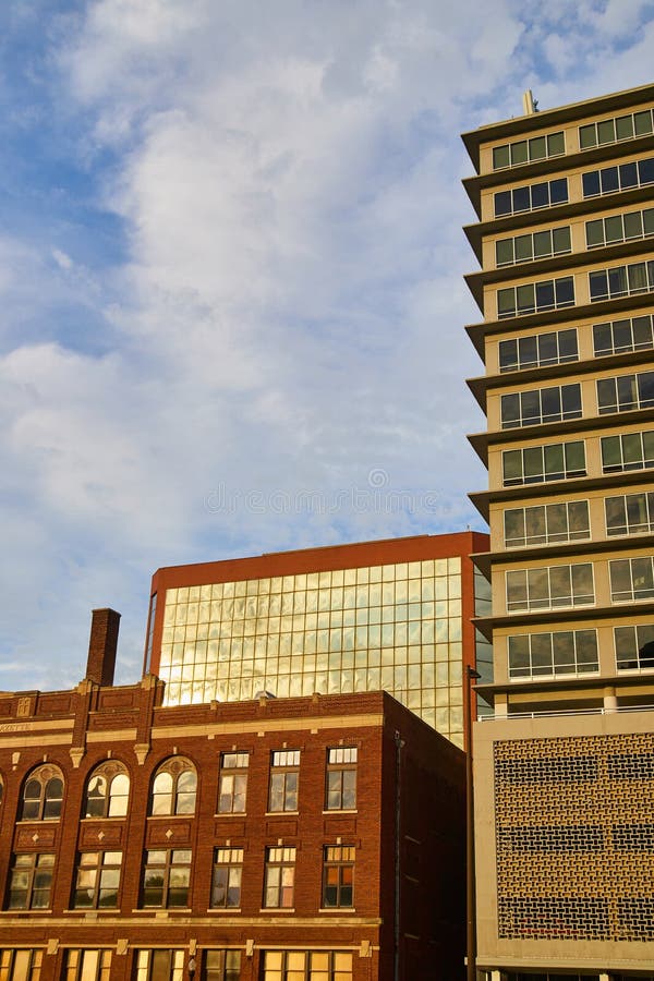 Downtown City Buildings with Sunlight Hitting Windows Stock Photo ...