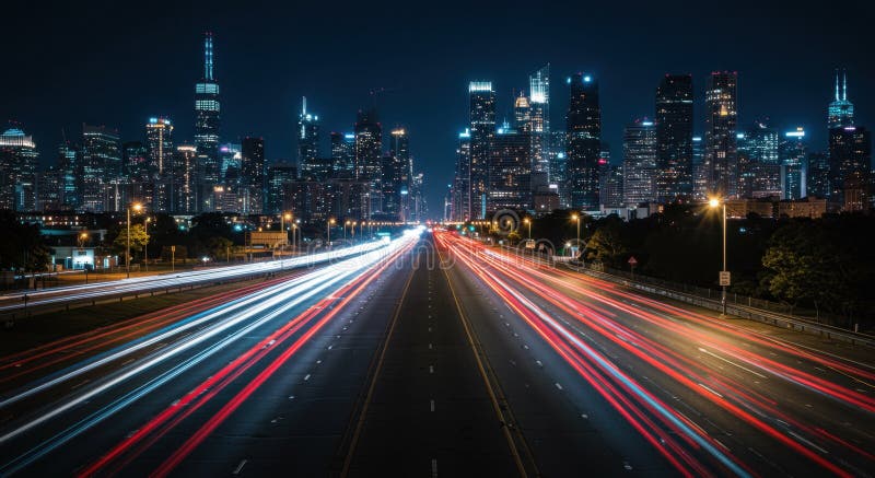 Downtown City Highway at Night with Light Trails and Illuminated ...