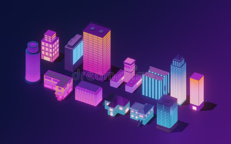 Downtown City, Neon Glowing Building, 3d Rendering Stock Illustration ...