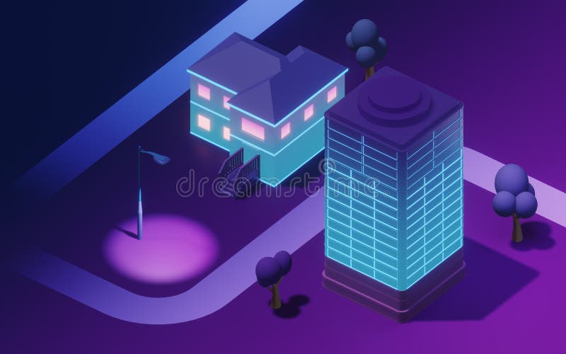 Downtown City, Neon Glowing Building, 3d Rendering Stock Illustration ...