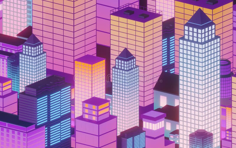 Downtown City, Neon Glowing Building, 3d Rendering Stock Illustration ...