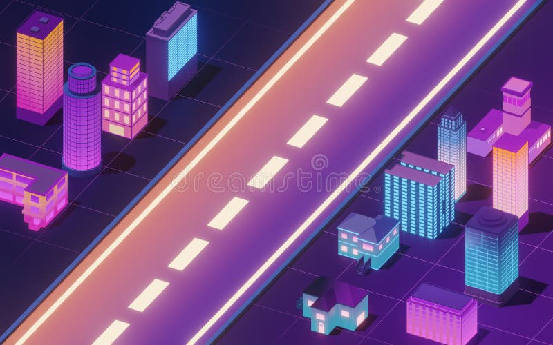 Downtown City, Neon Glowing Building, 3d Rendering Stock Illustration ...