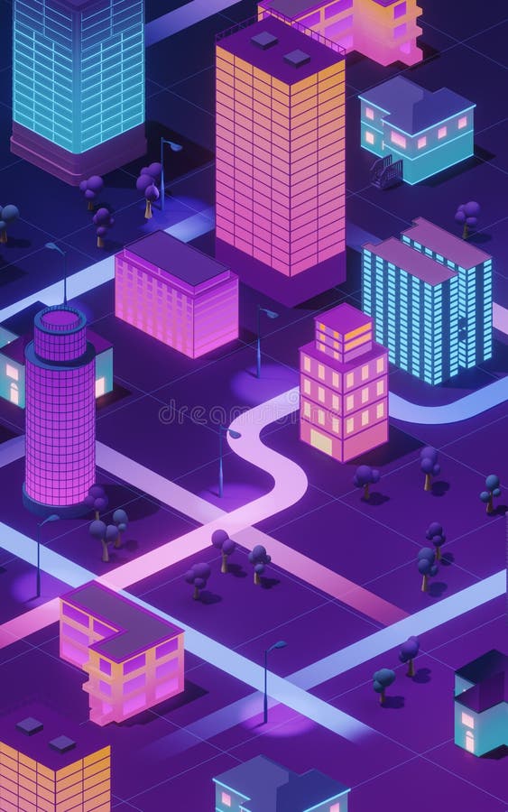 Downtown City, Neon Glowing Building, 3d Rendering Stock Illustration ...