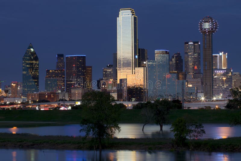 Downtown Dallas, Texas at Night with the Trinity River Stock Image ...