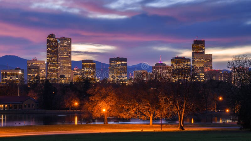 Downtown Denver at sunset stock image. Image of sunset - 180821999