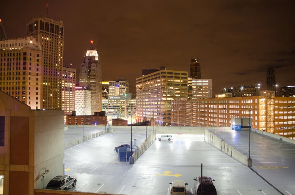 Downtown Detroit at night stock image. Image of night - 256888599