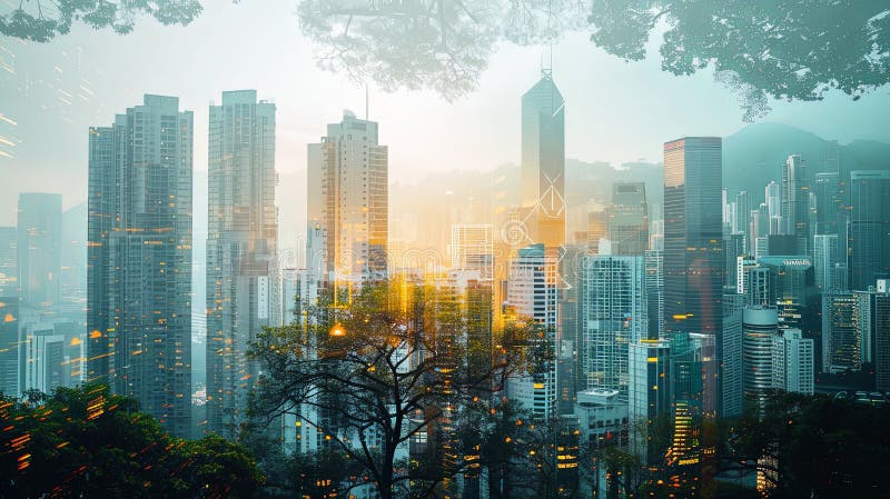 Downtown Double Exposure Cityscape with Green Summer Forest Overlay ...