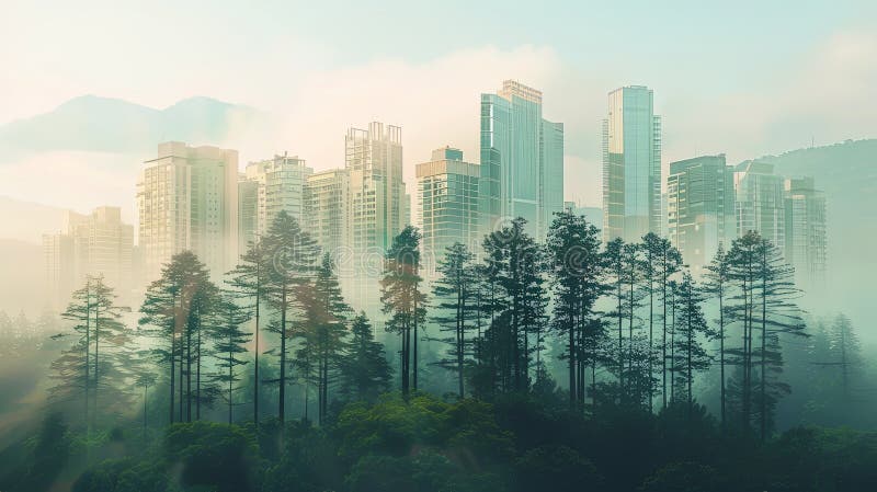 Downtown Double Exposure Cityscape with Green Summer Forest Overlay ...