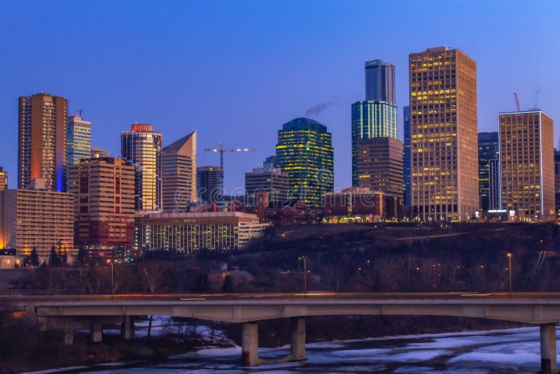 Downtown Edmonton Skyline Lights Stock Photo - Image of snow, river ...