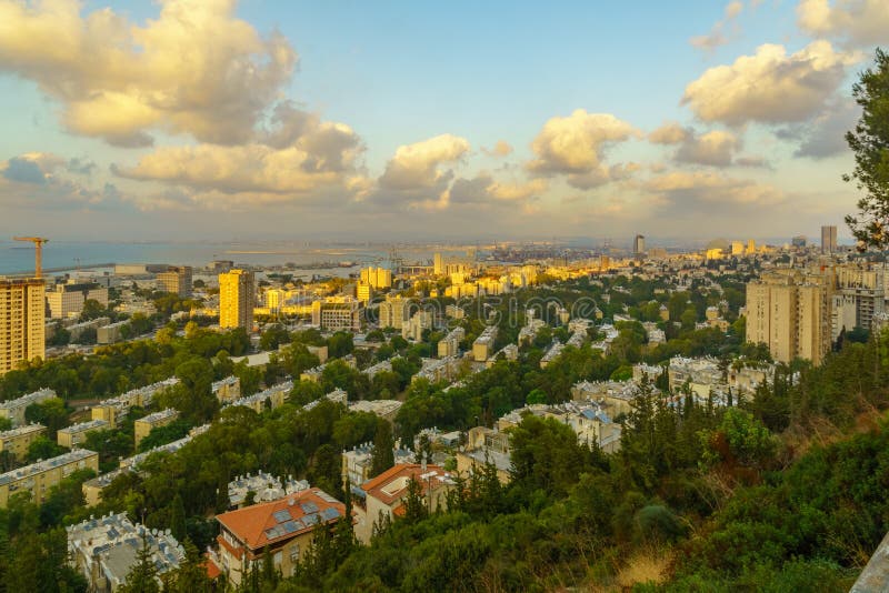 Downtown Haifa, and the Port at Sunset Stock Photo - Image of cargo ...