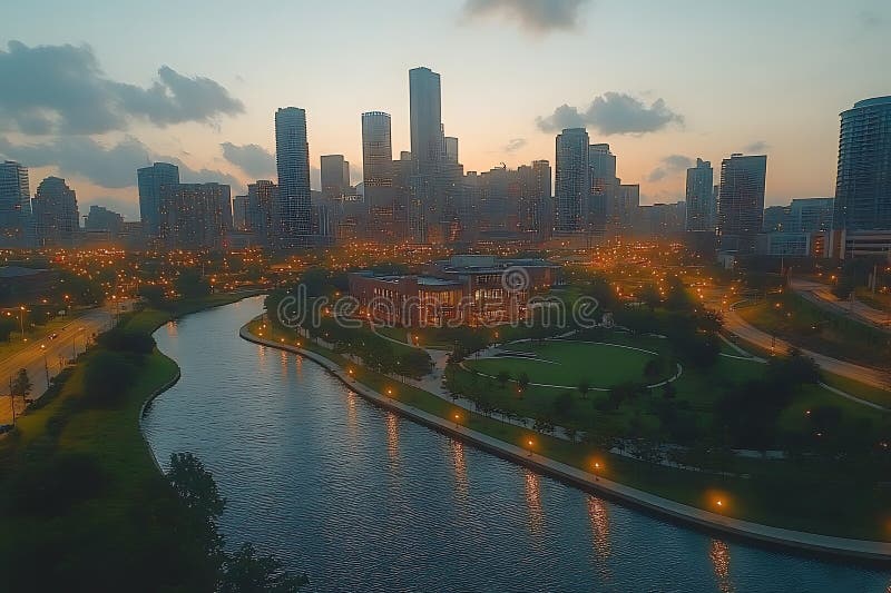 Downtown Houston Skyline at Dusk with River and Park Views Stock ...