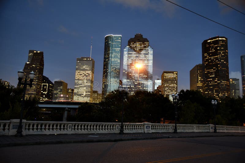 Downtown Houston Skyline at Night Stock Image - Image of condominium ...