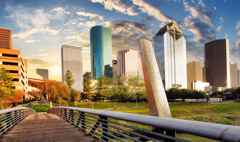 Downtown Houston Skyline in Texas USA at Sunset Stock Photo - Image of ...