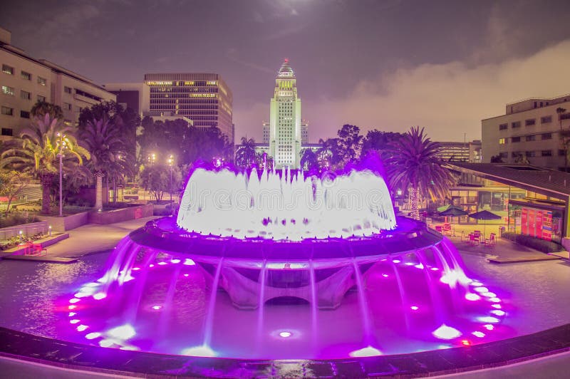 Downtown Los Angeles at Night Editorial Image - Image of fountain ...
