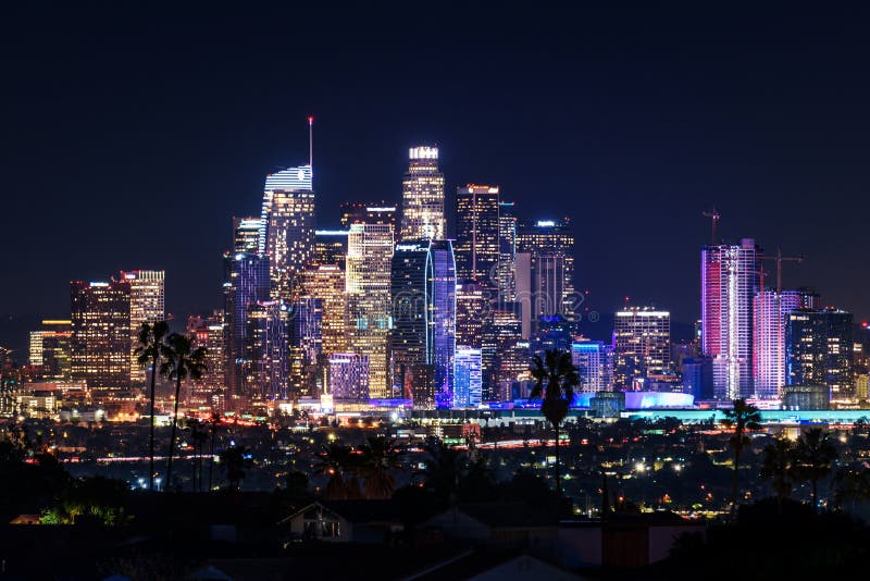 Downtown Los Angeles Skyscrapers at Night Editorial Stock Image - Image ...
