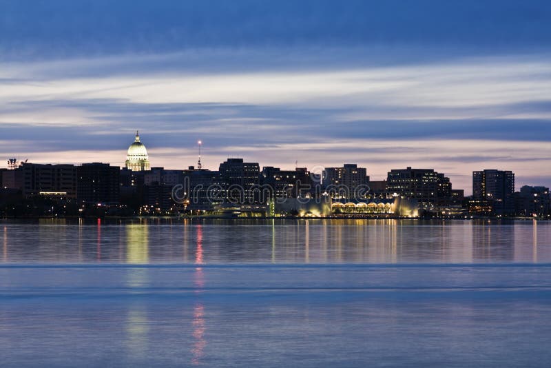 Downtown of Madison Accross Monona Lake Stock Image - Image of night ...