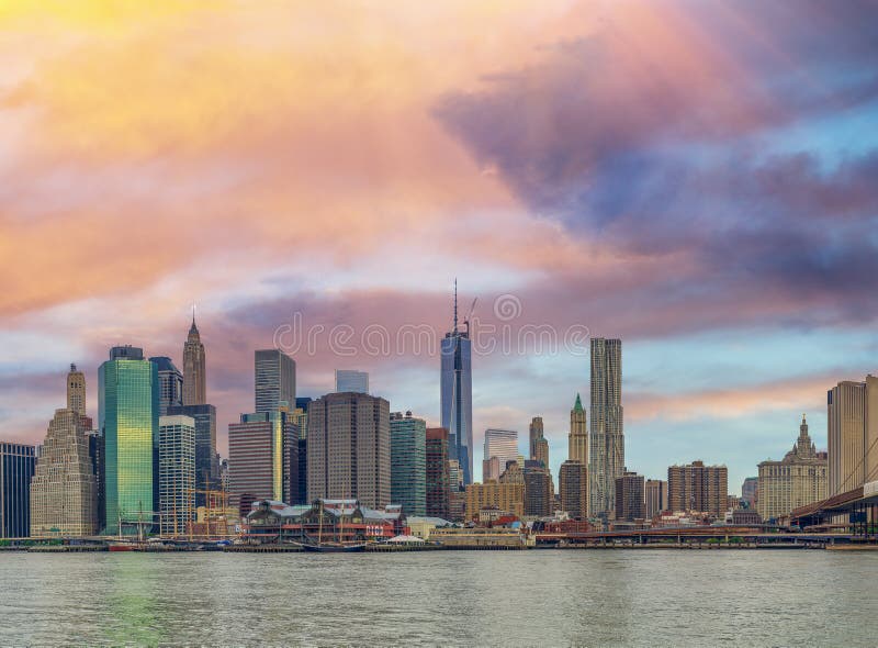 Downtown Manhattan Skyline at Dusk, New York Stock Image - Image of ...