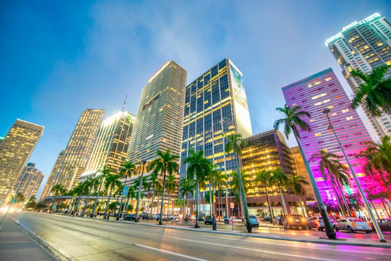 Downtown Miami Buildings at Sunset from Biscayne Boulevard and Bayfront ...