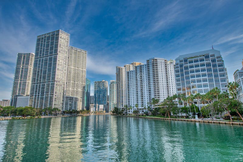 Downtown Miami Morning Skyline As Seen from Brickell Key Bridge Stock ...