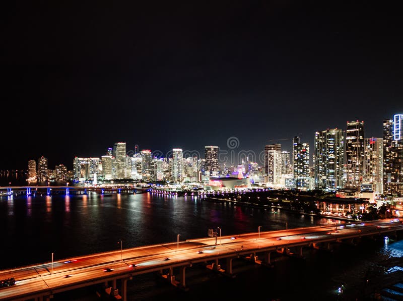 Downtown Miami Skyline at Night by Drone Aerial Stock Image - Image of ...