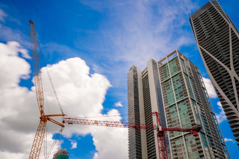 Downtown Miami View of Cranes and Skyscraper Towers. Long Exposure ...