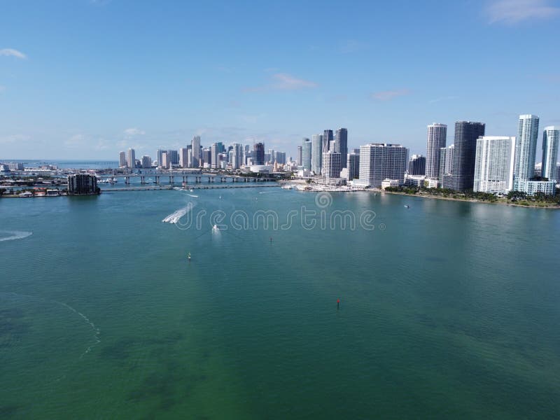 Downtown Miami View by Drone Aerial Over Biscayne Bay Stock Photo ...