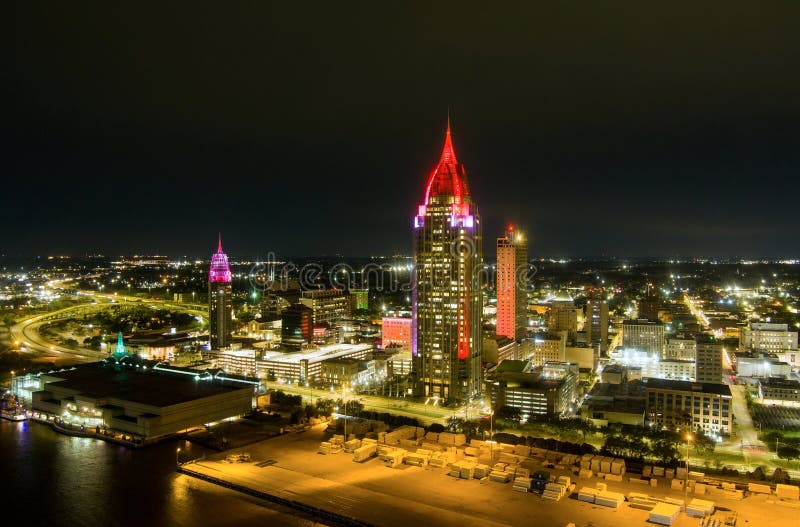 Downtown Mobile, AL Riverside at Night Stock Image - Image of downtown ...