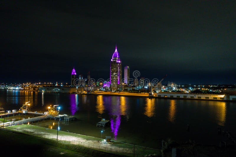 Downtown Mobile, Alabama Riverside at Night Stock Photo - Image of ...