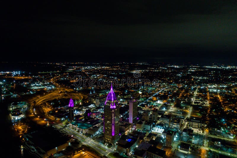Downtown Mobile, Alabama Riverside at Night Stock Photo - Image of port ...