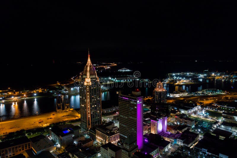 Downtown Mobile, Alabama Riverside at Night Stock Image - Image of port ...
