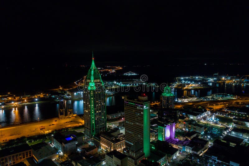 Downtown Mobile, Alabama Riverside at Night Stock Photo - Image of city ...