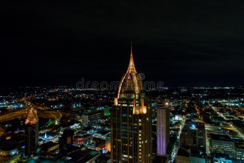 Downtown Mobile, Alabama Riverside at Night Stock Photo - Image of ...