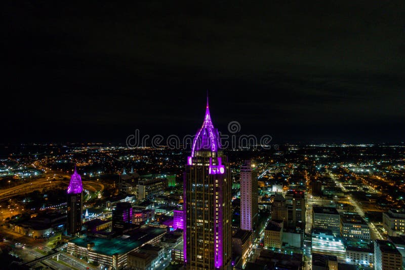 Downtown Mobile, Alabama Riverside at Night Stock Photo - Image of ...